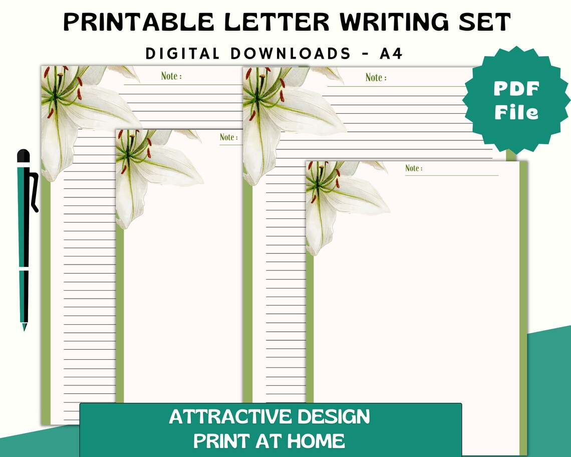 Printable Writing Letter Papers Green Floral, Stationery Writing ...