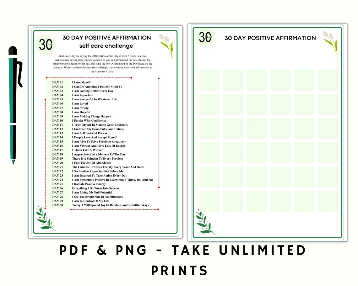 Monthly Positive Affirmation Exercise Sheets, Self Care Challenge, 30 ...