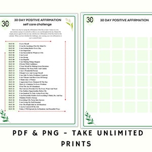 Monthly Positive Affirmation Exercise Sheets, Self Care Challenge, 30 ...