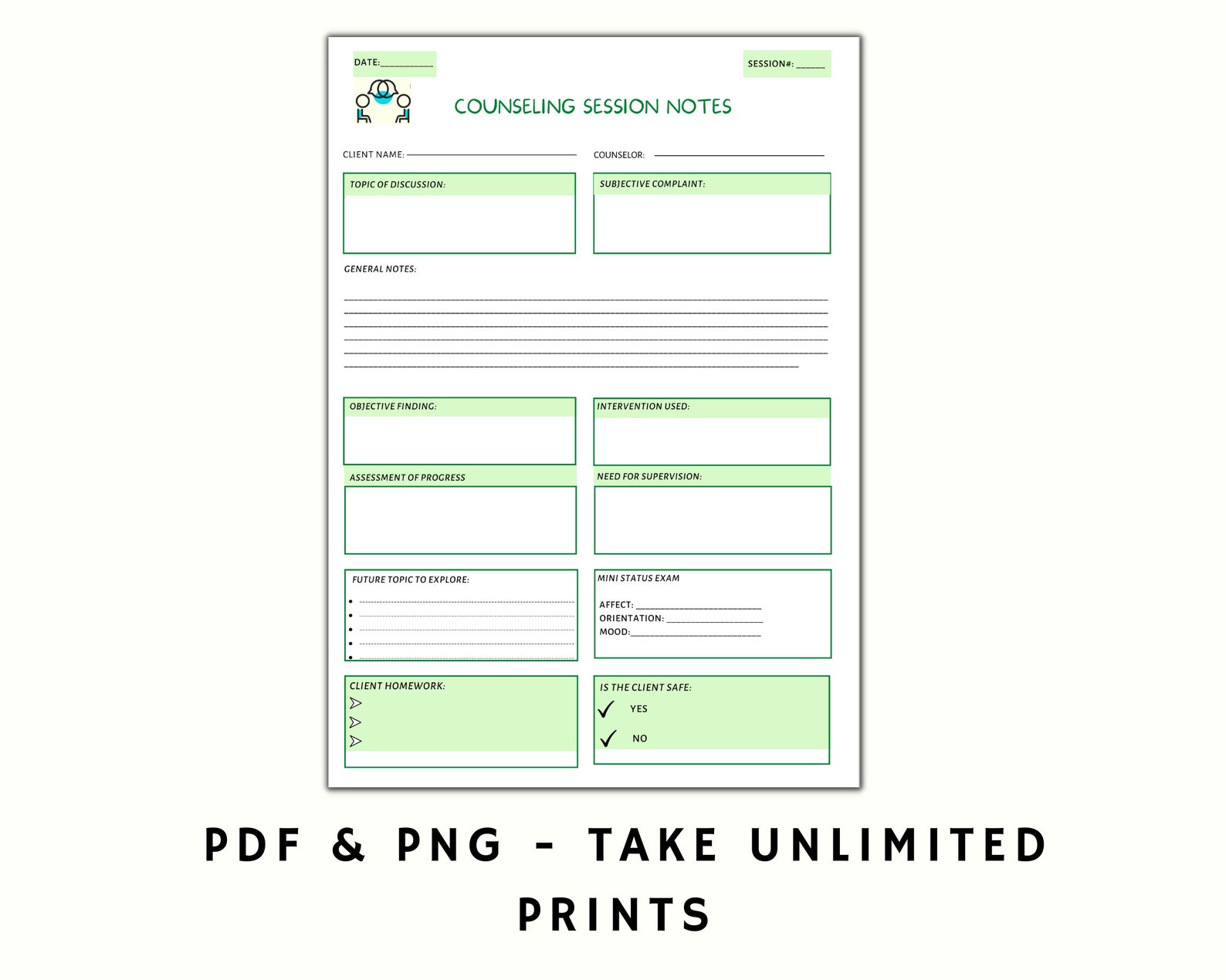 Counselling Session Notes Form green Therapists Printable - Etsy