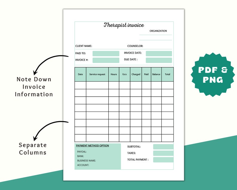 Therapist Invoice (green), Printable Therapy Invoice, Therapist ...