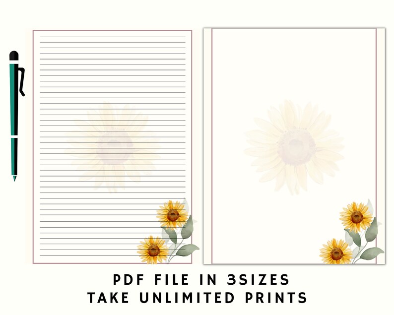 Letter Writing Paper, Printable Stationary, Sunflower Design A4, A5, US ...