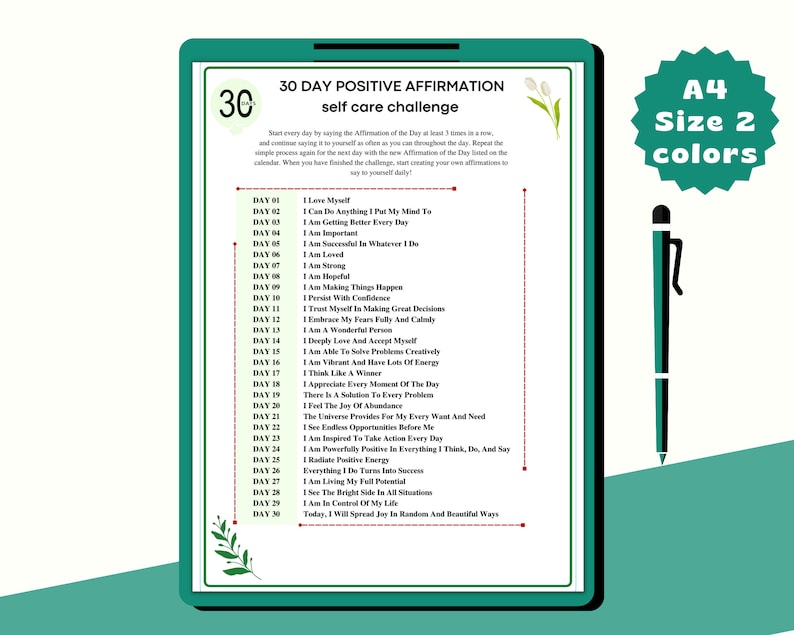 Monthly Positive Affirmation Exercise Sheets, Self Care Challenge, 30 ...