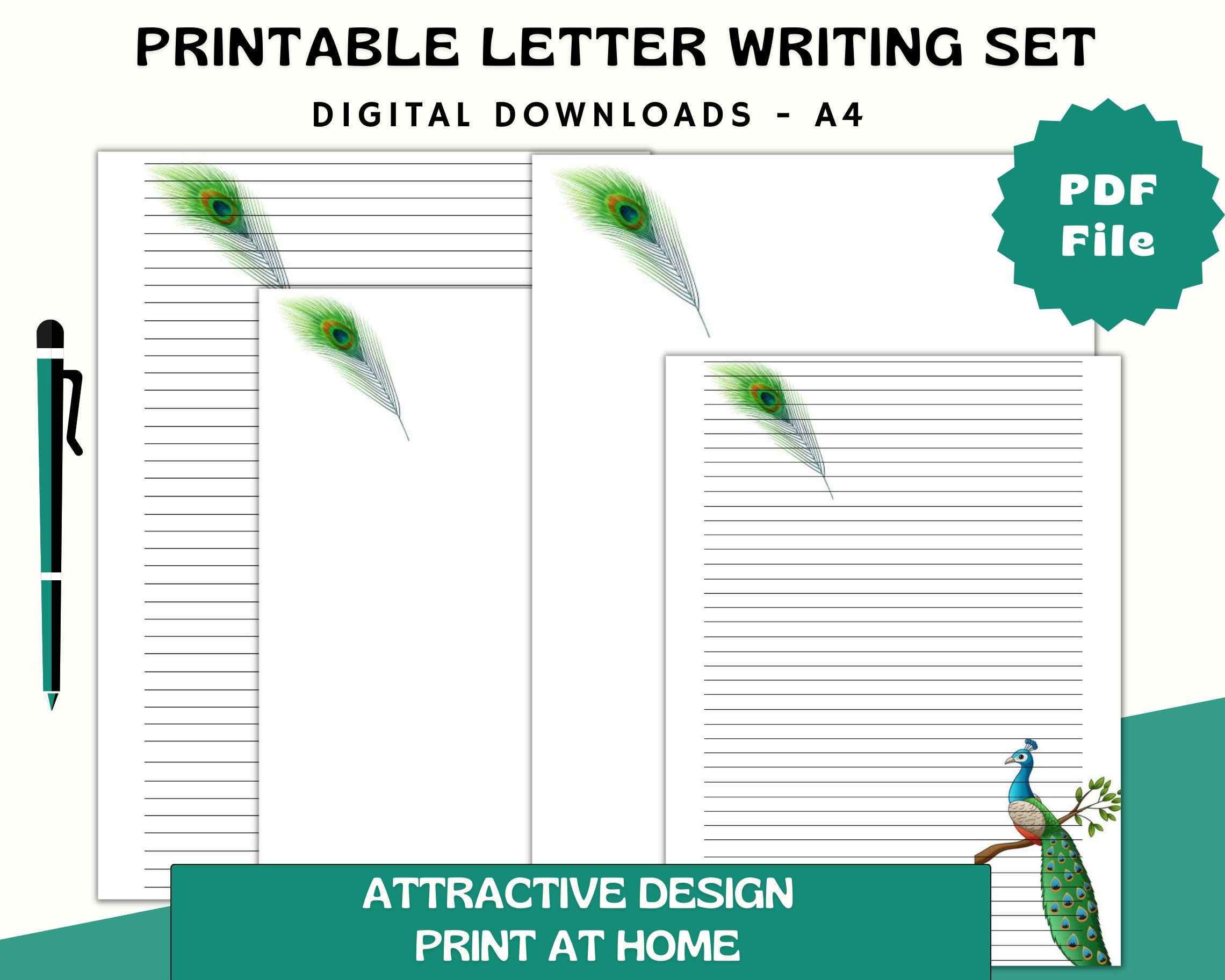 Printable Stationery Writing Letterhead, Printable Green Peacock ...
