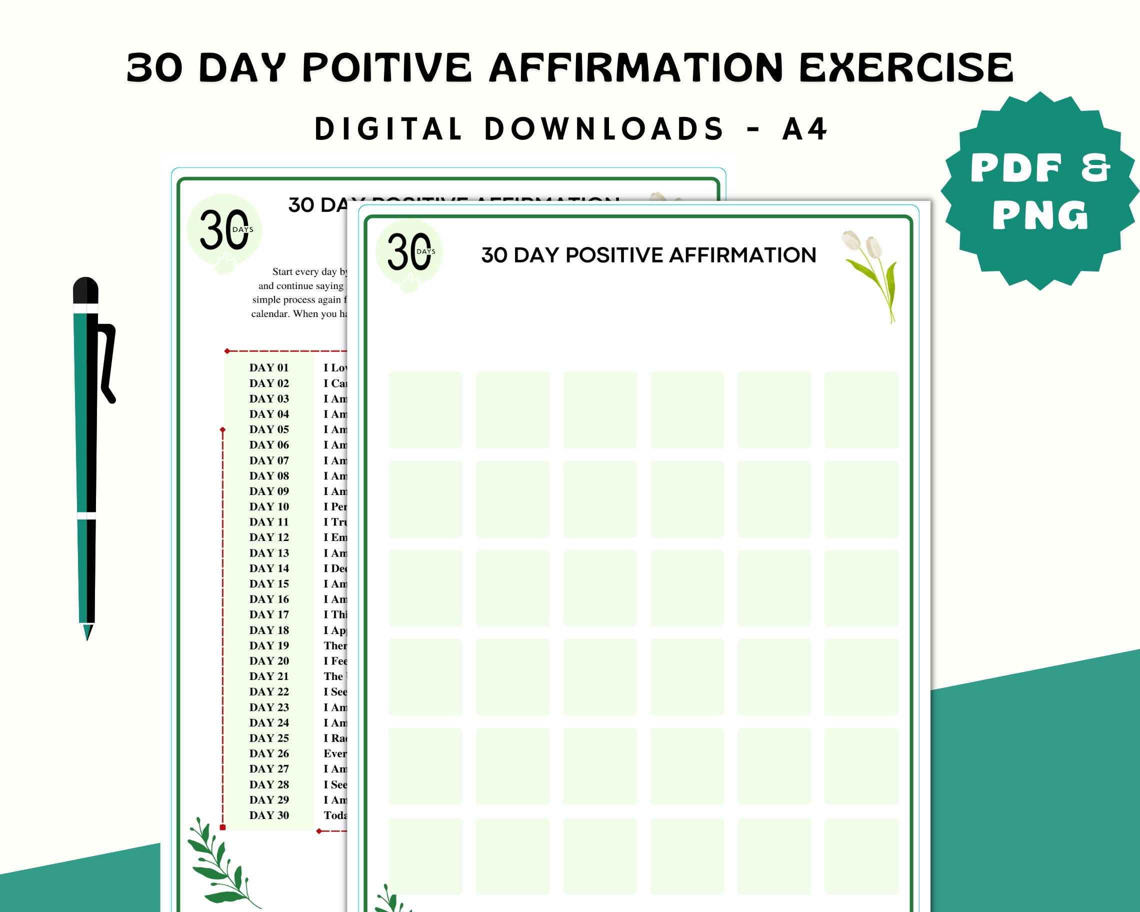 Monthly Positive Affirmation Exercise Sheets, Self Care Challenge, 30 ...