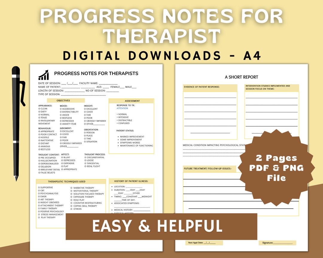 Progress Notes for Therapist yellow, Cheat Sheet Notes, Client Progress ...