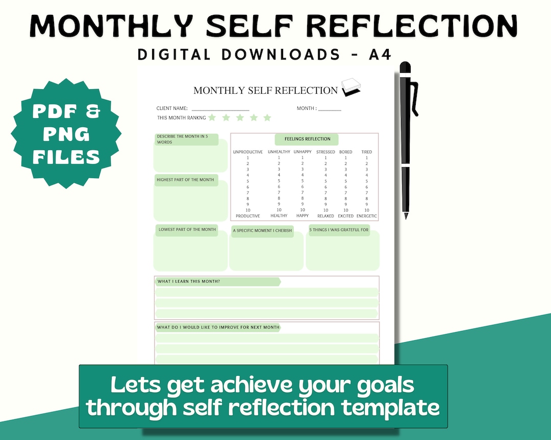 Wellness Monthly Self Reflection Form green, Manifestation Self ...