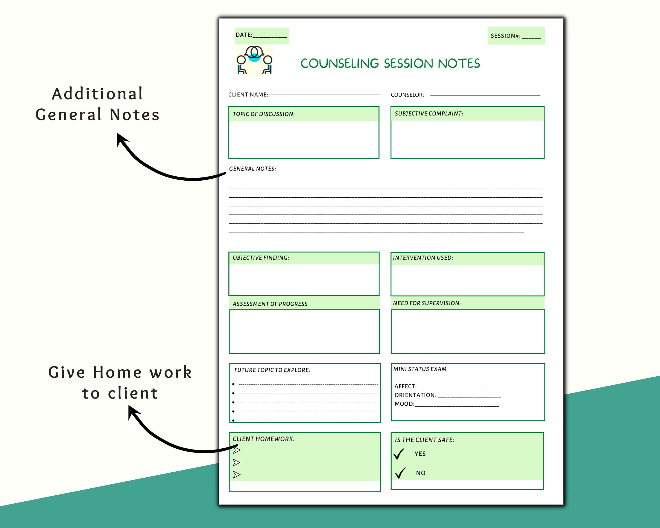 Counselling Session Notes Form (green), Therapists Printable, Progress ...