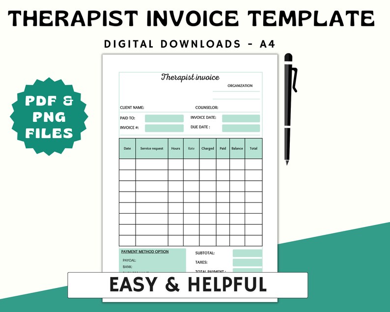 Therapist Invoice (green), Printable Therapy Invoice, Therapist ...