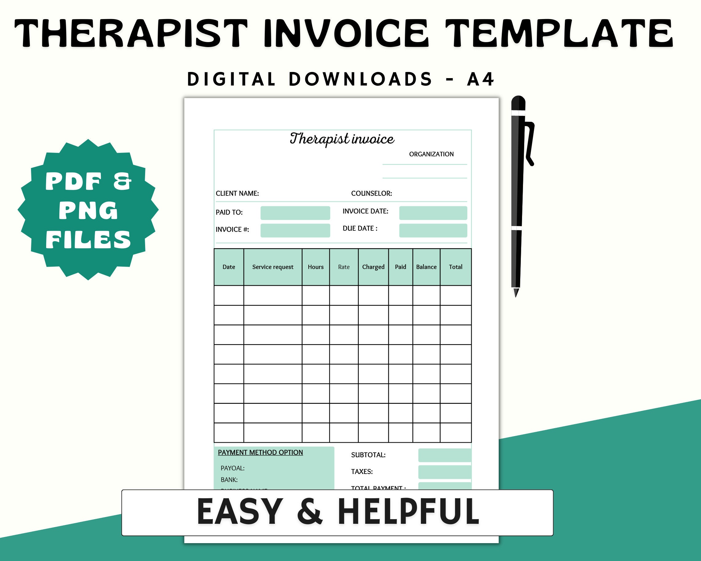 Therapist Invoice (green), Printable Therapy Invoice, Therapist ...