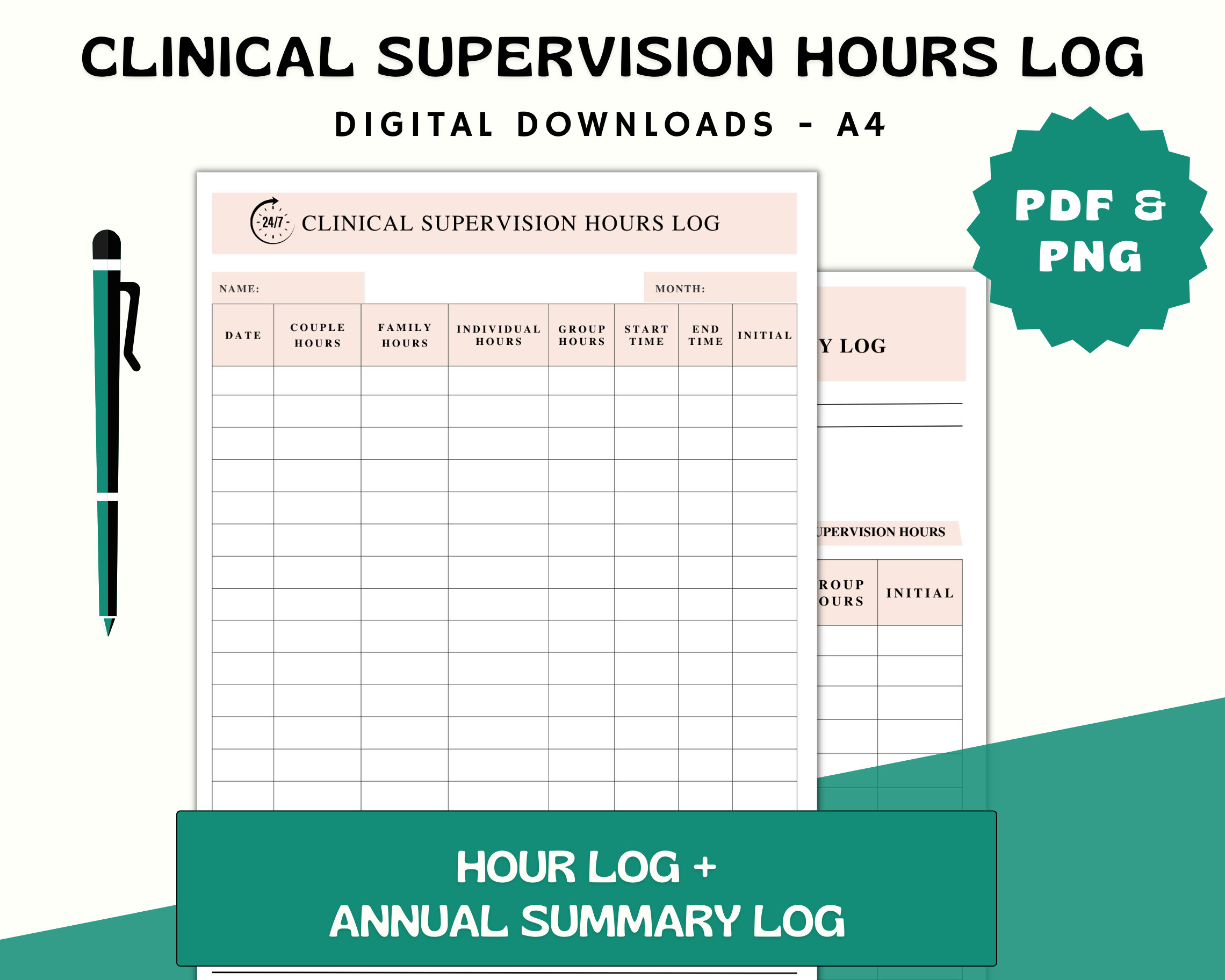 Clinical Supervision Form and Hours Log & Annual Summary, Assessment ...