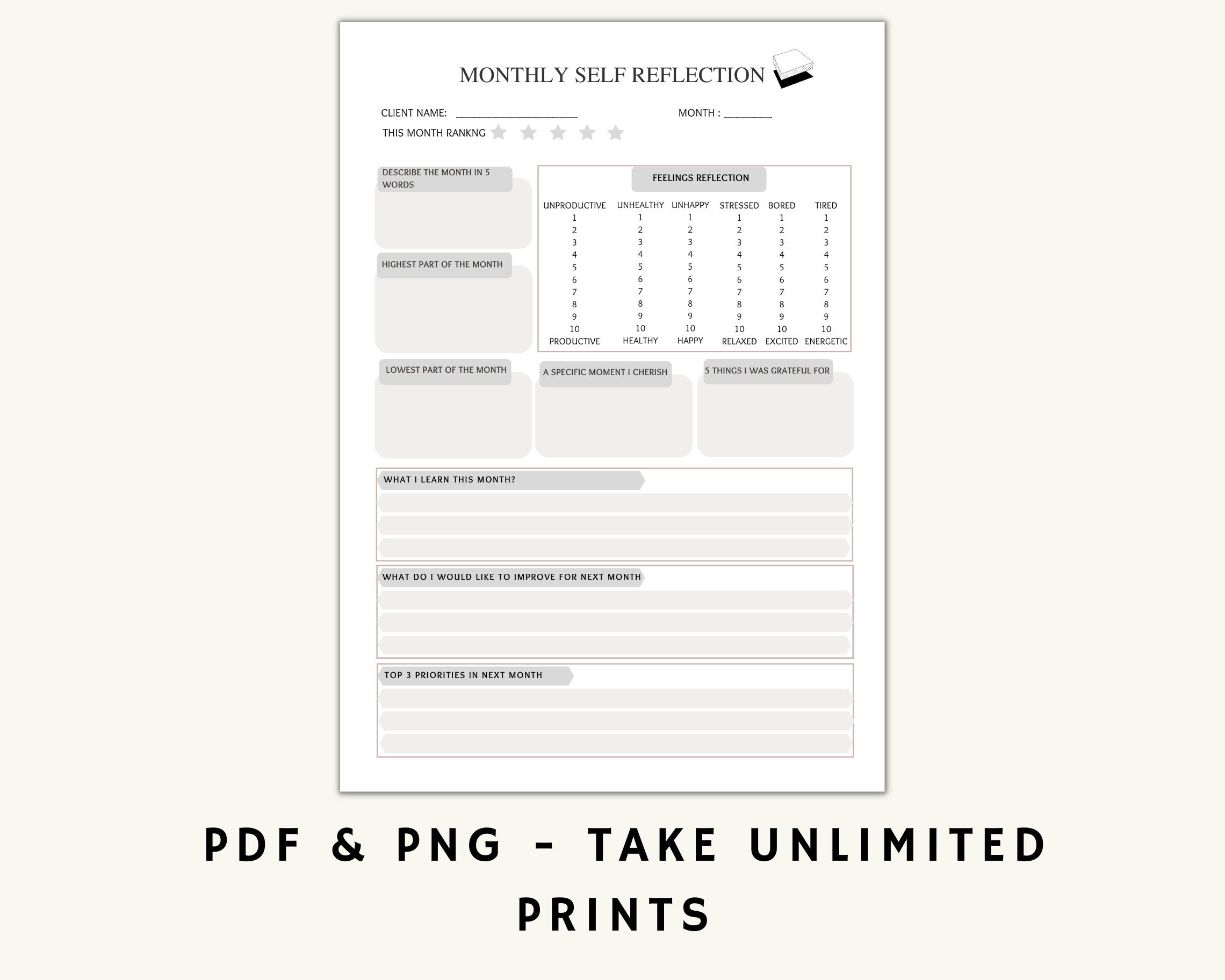 Monthly Self-reflection Planner: Personal Growth, Self-care (digital ...
