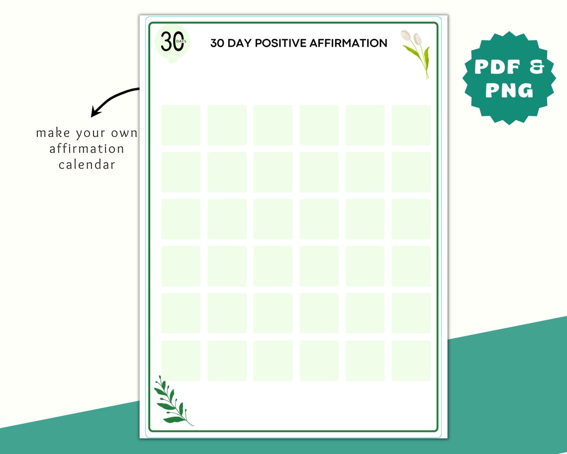 Monthly Positive Affirmation Exercise Sheets, Self Care Challenge, 30 ...
