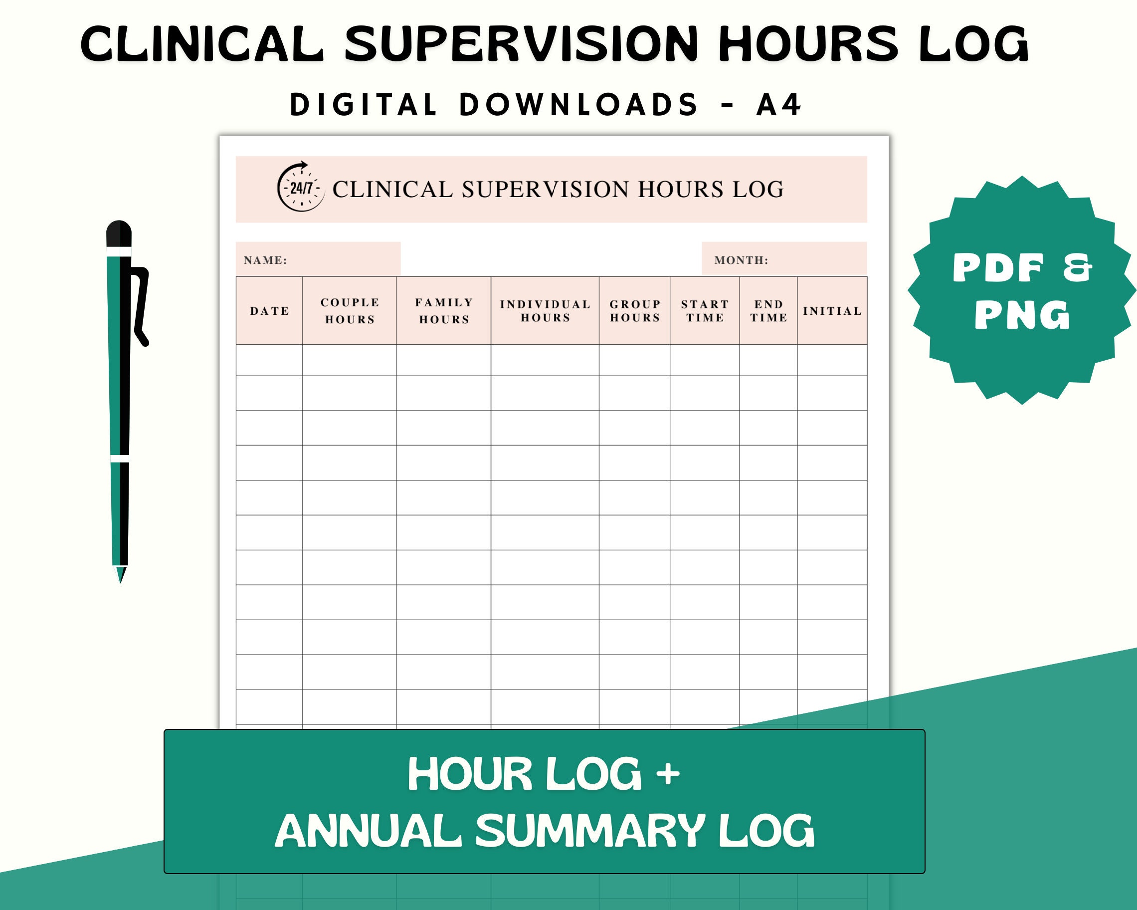 Clinical Supervision Form and Hours Log & Annual Summary, Assessment ...