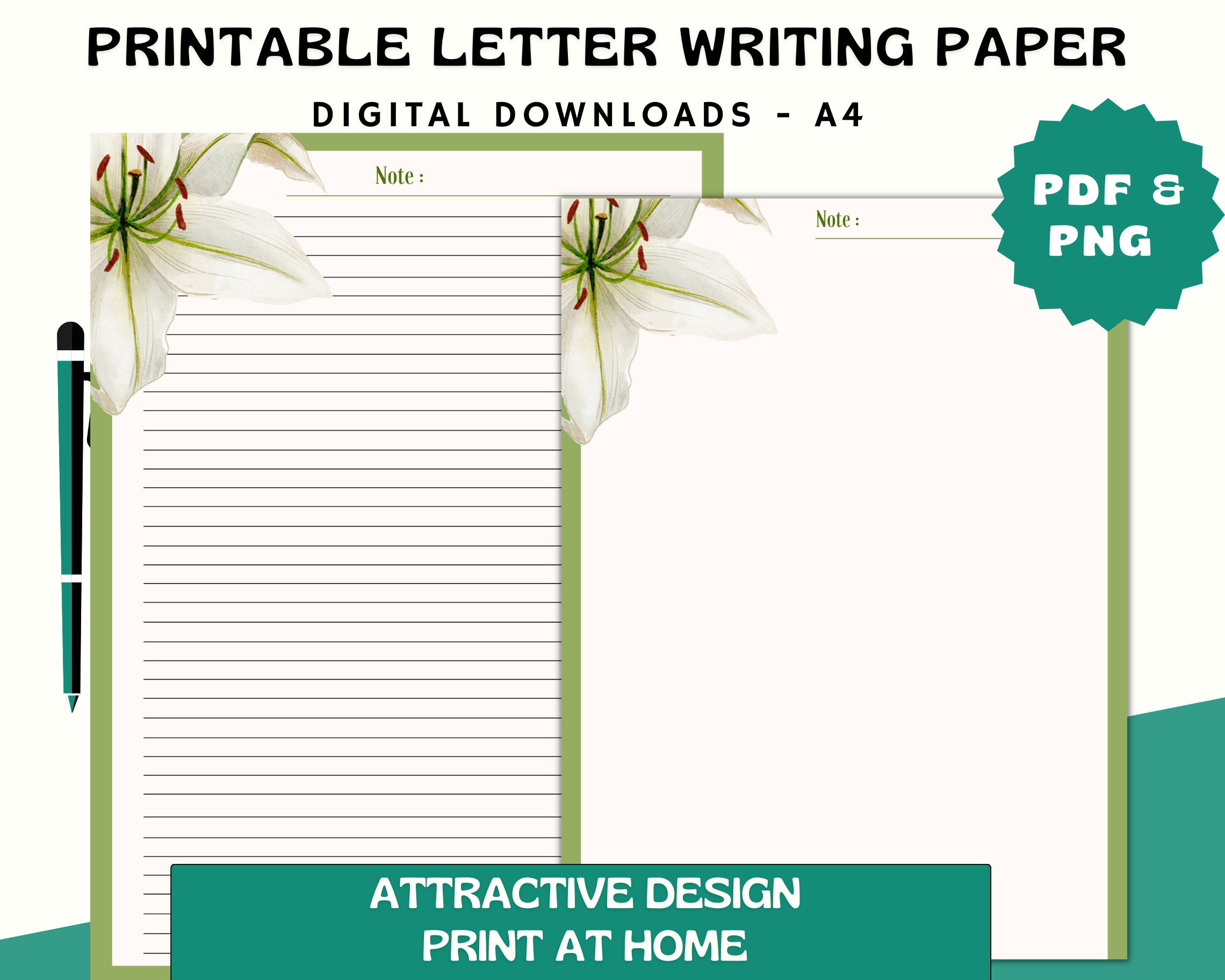 Printable Writing Letter Papers Green Floral, Stationery Writing ...