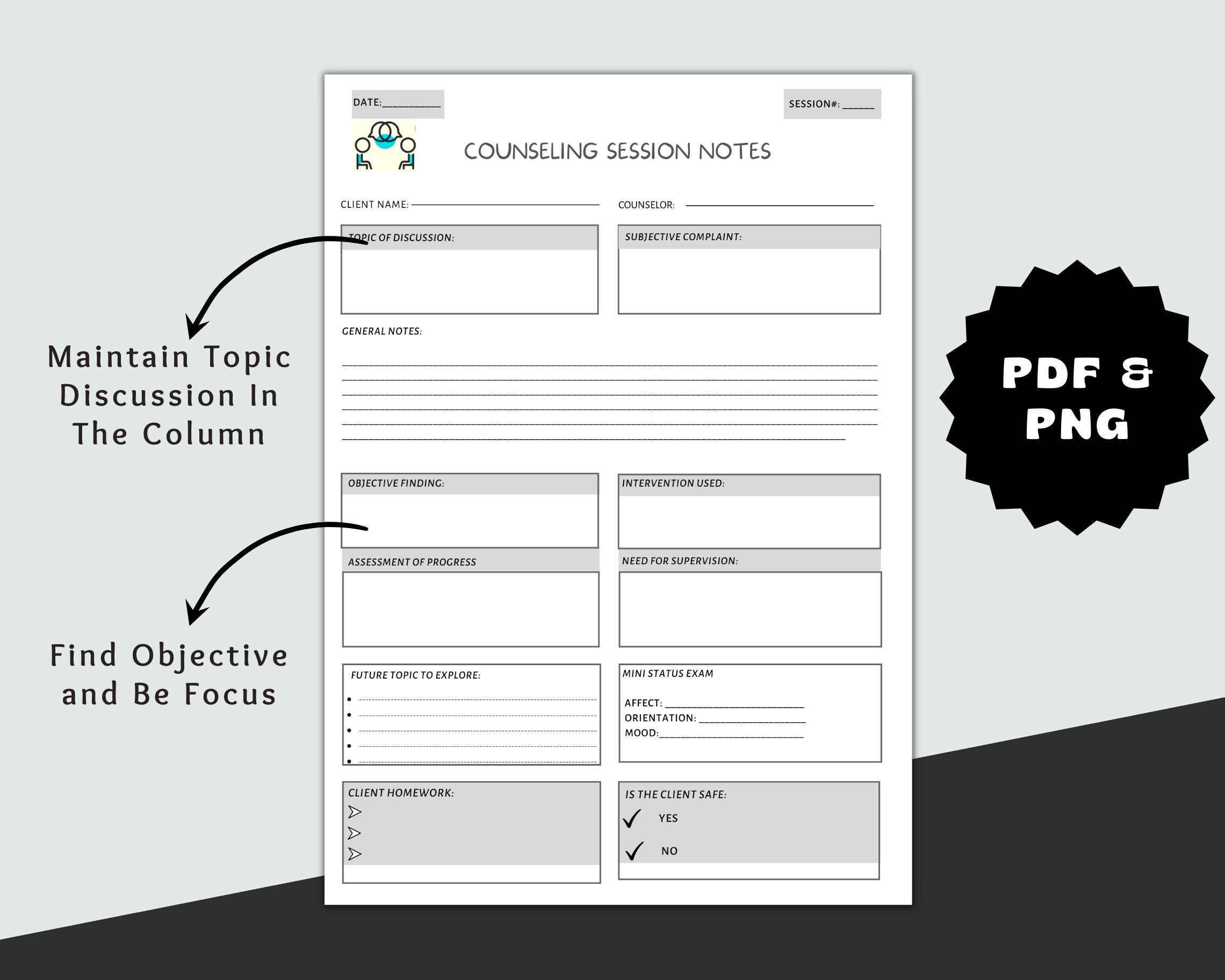 Counselling Session Notes Form (gray), Therapists Printable, Progress ...
