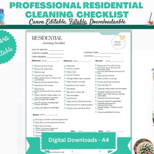 Professional Residential Cleaning Checklist Template, Editable Canva ...