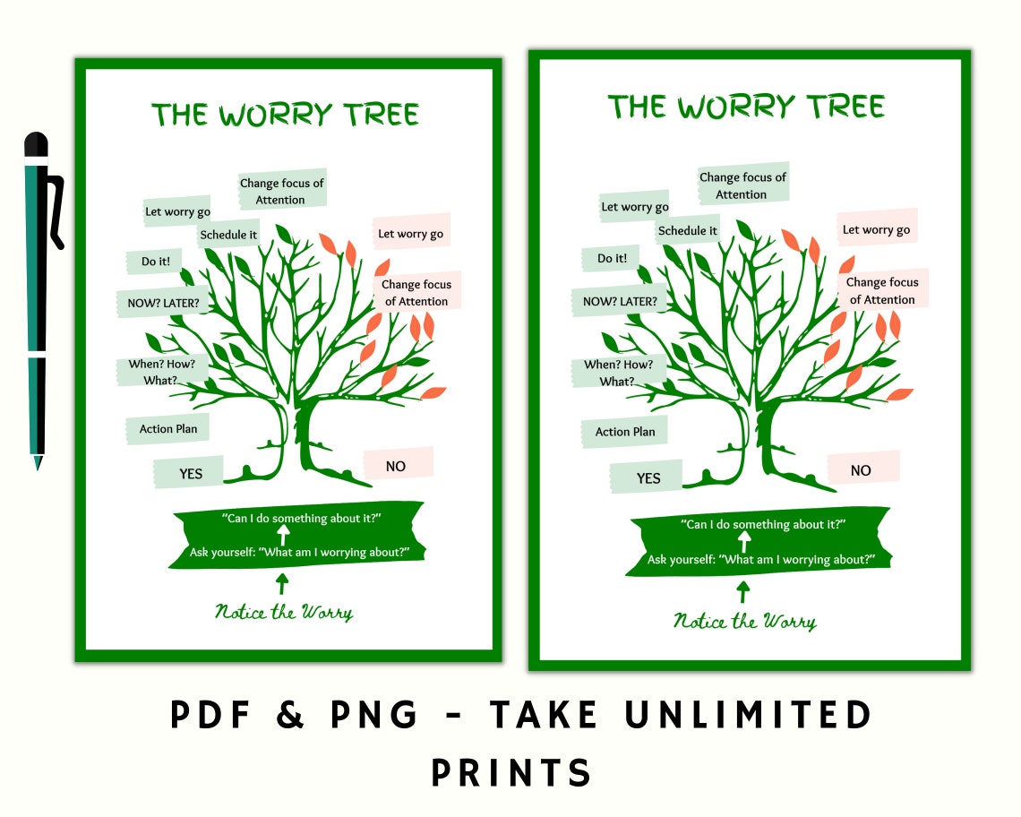 Therapy Worksheet Worry Tree, Self Health Care, Therapy Planner, Stress ...