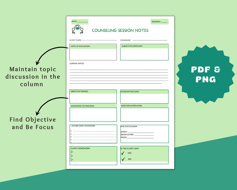 Counseling Session Notes Printable (light Green), Client Progress Note ...