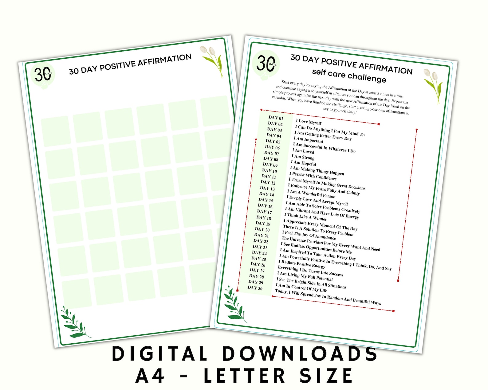 Monthly Positive Affirmation Exercise Sheets, Self Care Challenge, 30 ...
