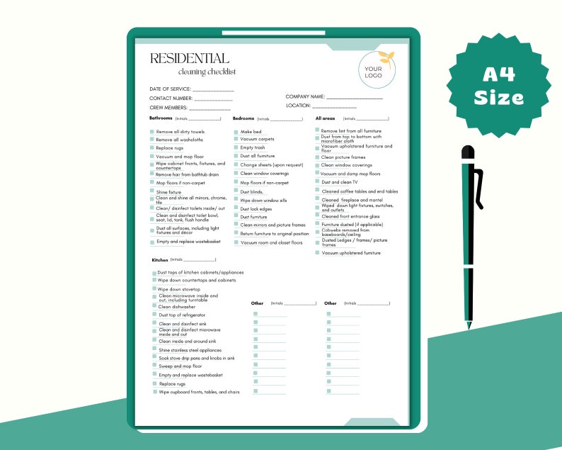 Professional Residential Cleaning Checklist Template, Editable Canva ...