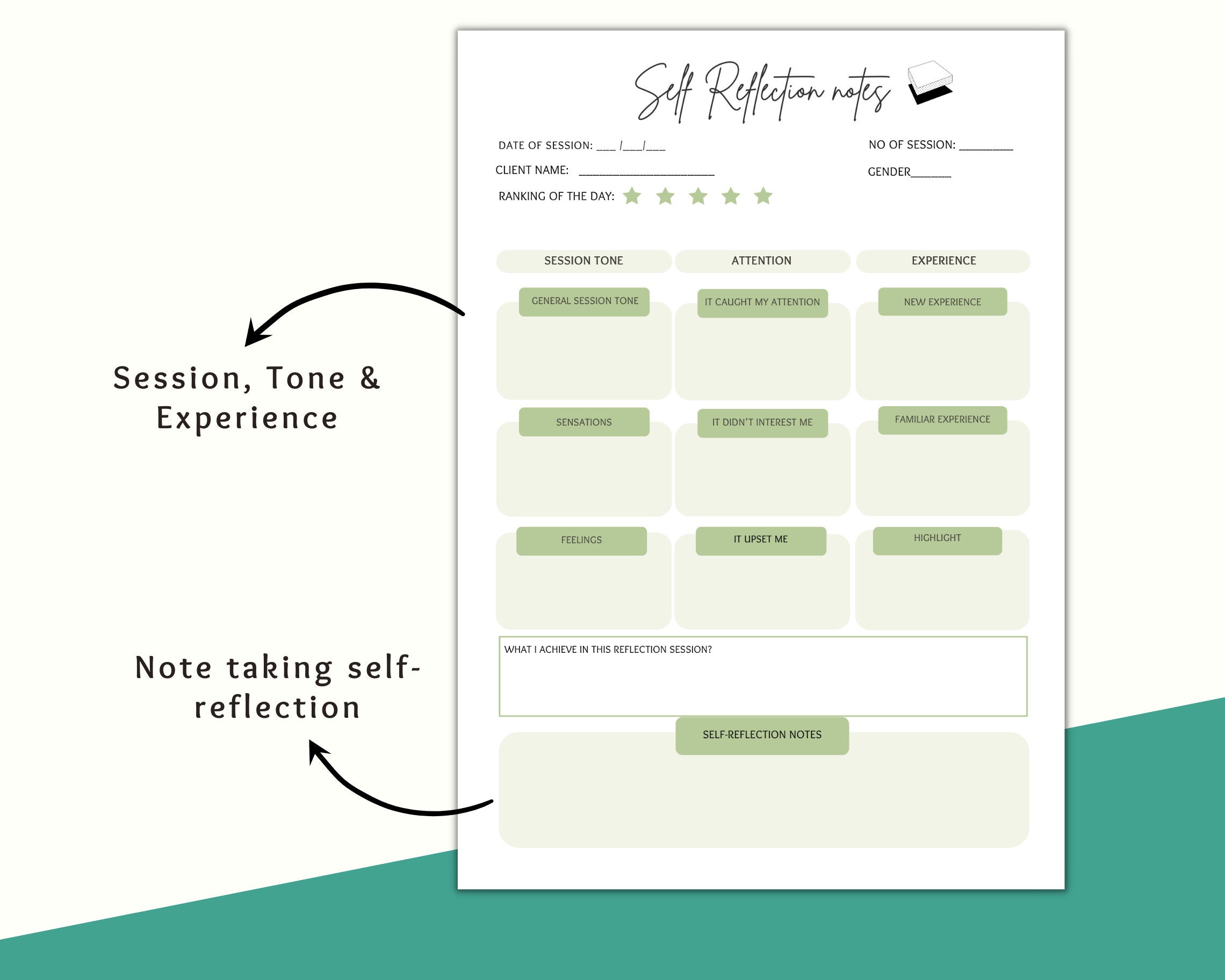 Self Reflection Journal Form green, Therapist Paperwork, Psychotherapy ...