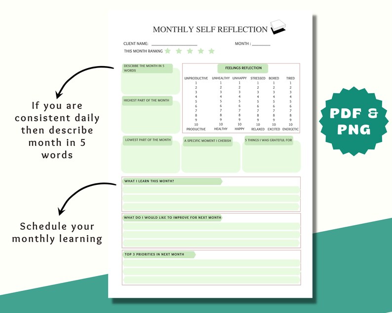 Wellness Monthly Self Reflection Form green Manifestation - Etsy