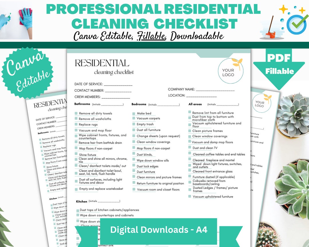 Professional Residential Cleaning Checklist Template, Editable Canva ...