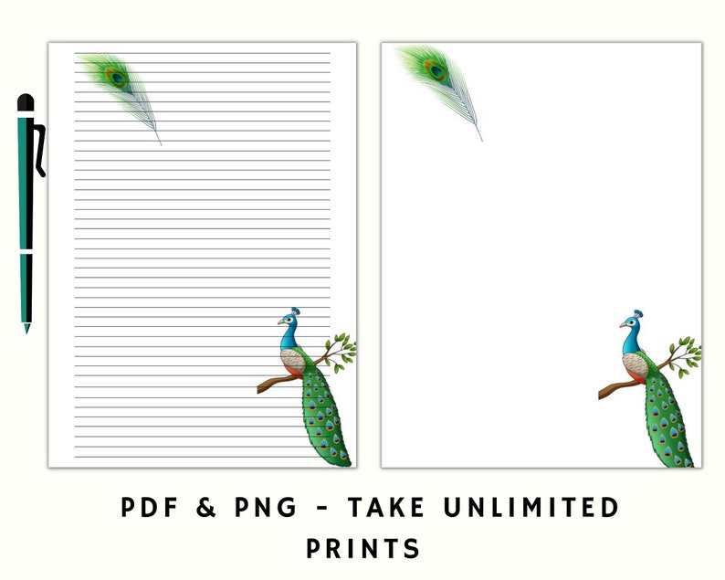 Printable Stationery Writing Letterhead, Printable Green Peacock ...