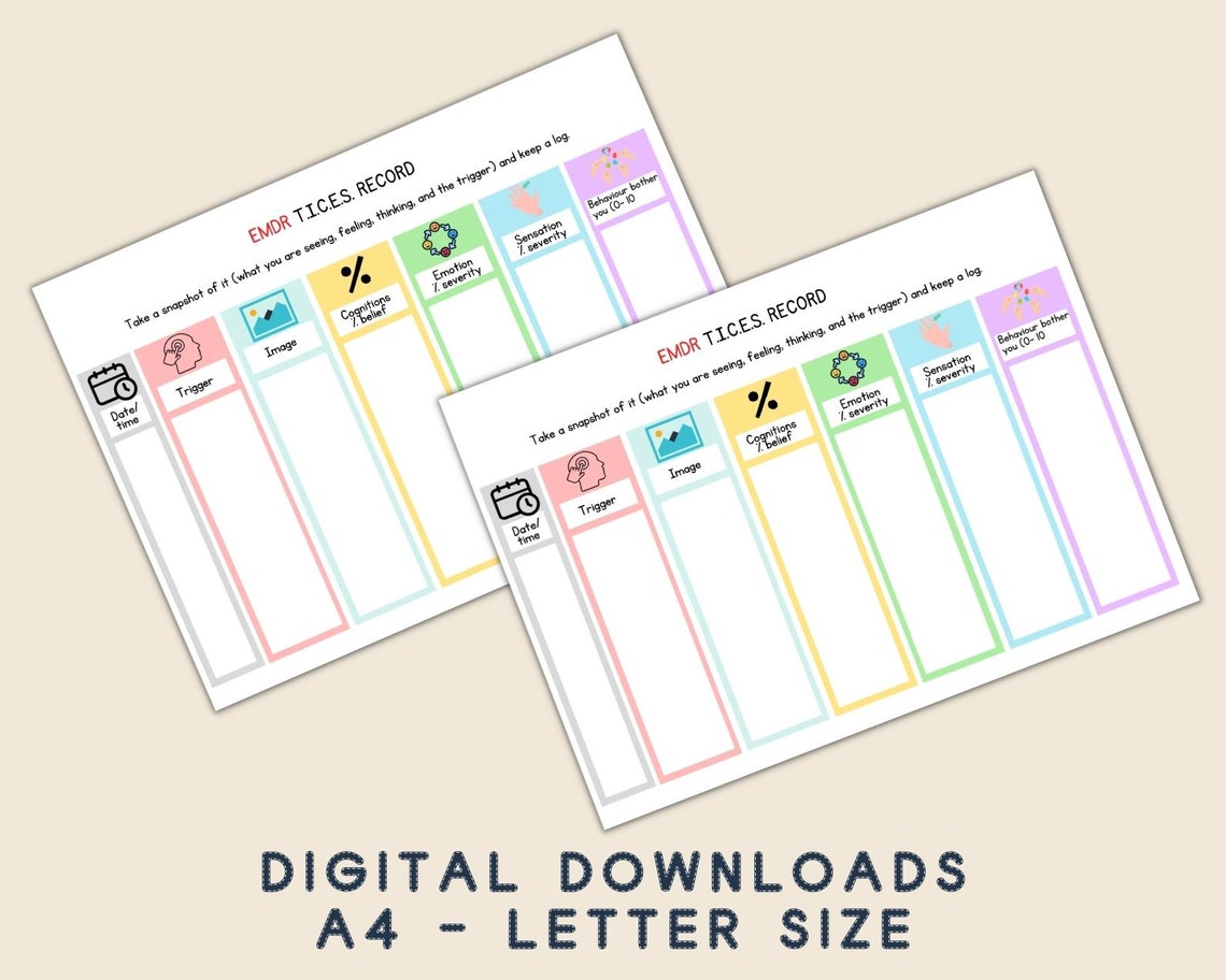 EMDR Tices Log Client Worksheets, Therapy Ebooks, Trauma, Anxiety ...