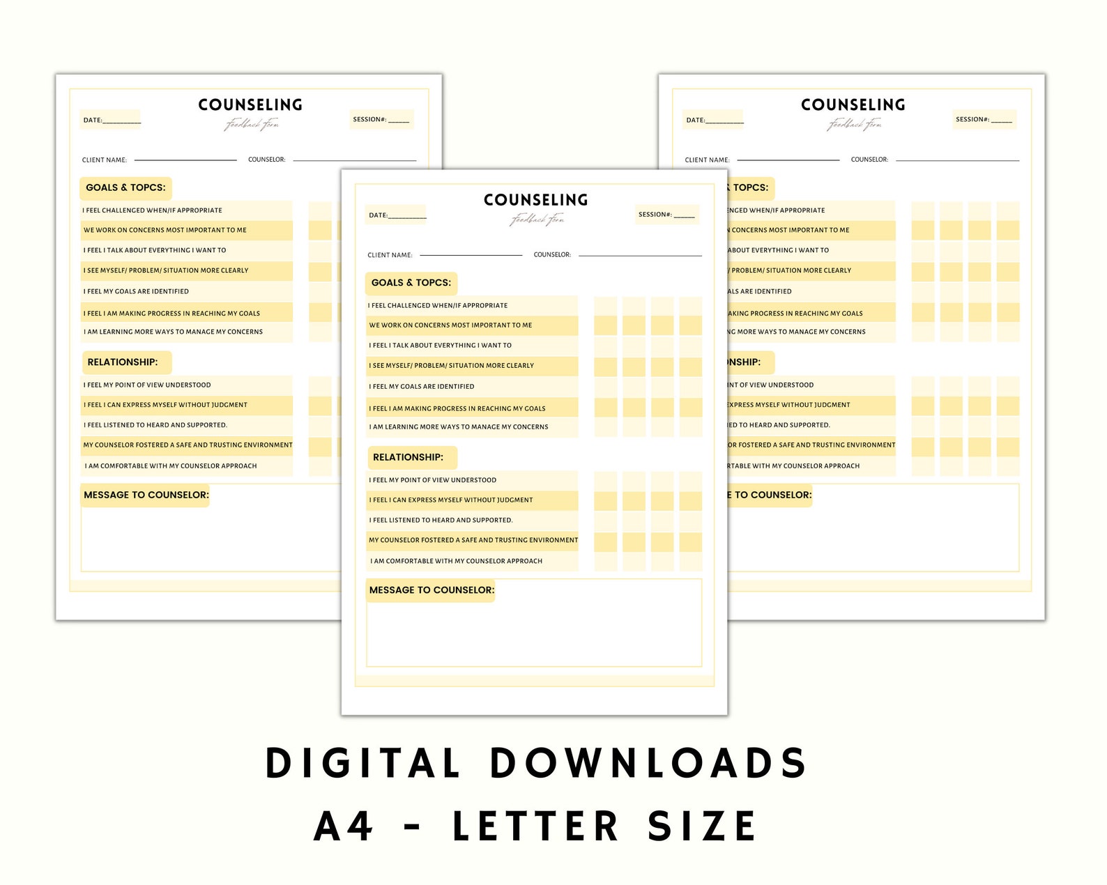 Counseling Feedback Form (yellow), Counseling Review Form, Client ...