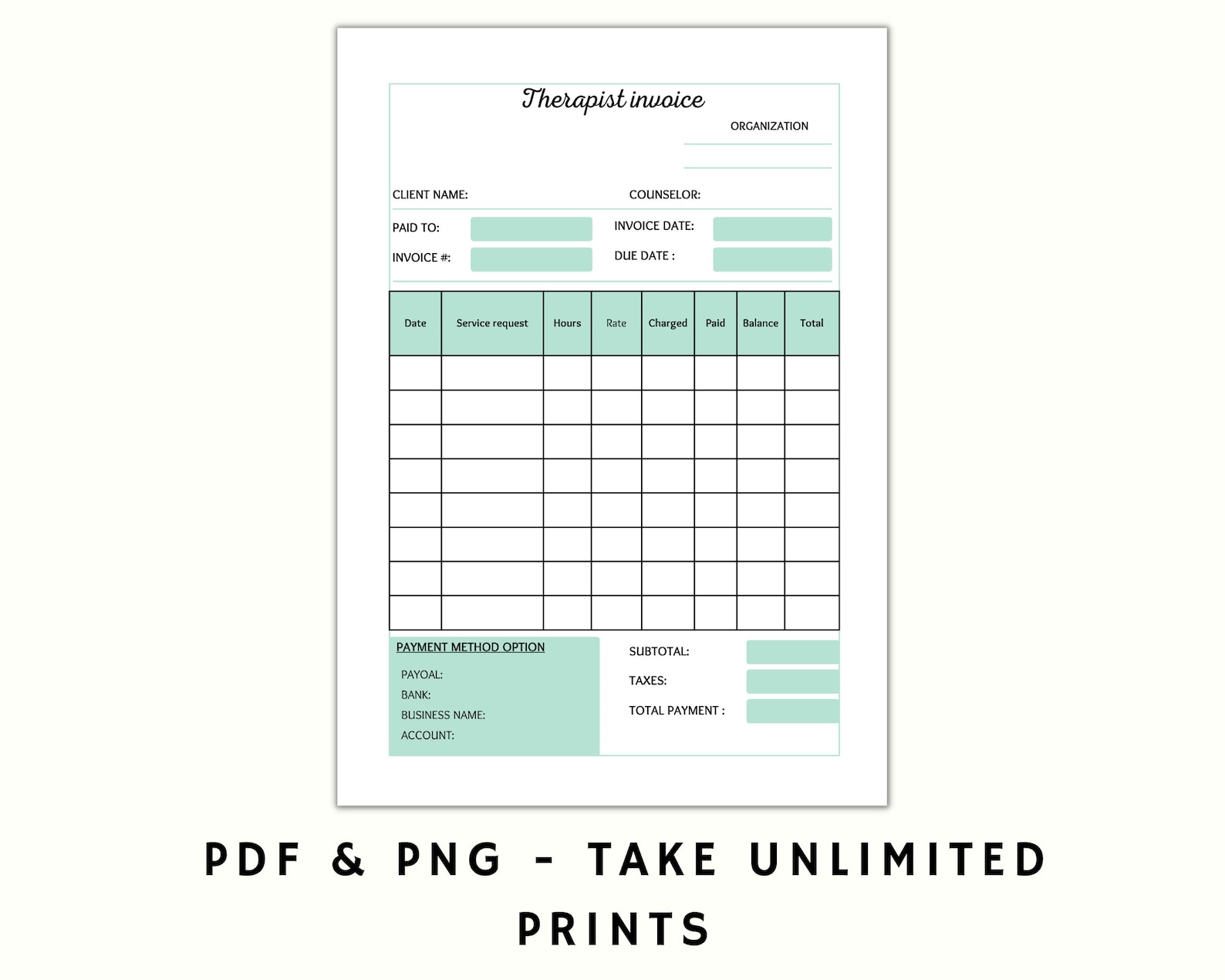 Therapist Invoice (green), Printable Therapy Invoice, Therapist ...