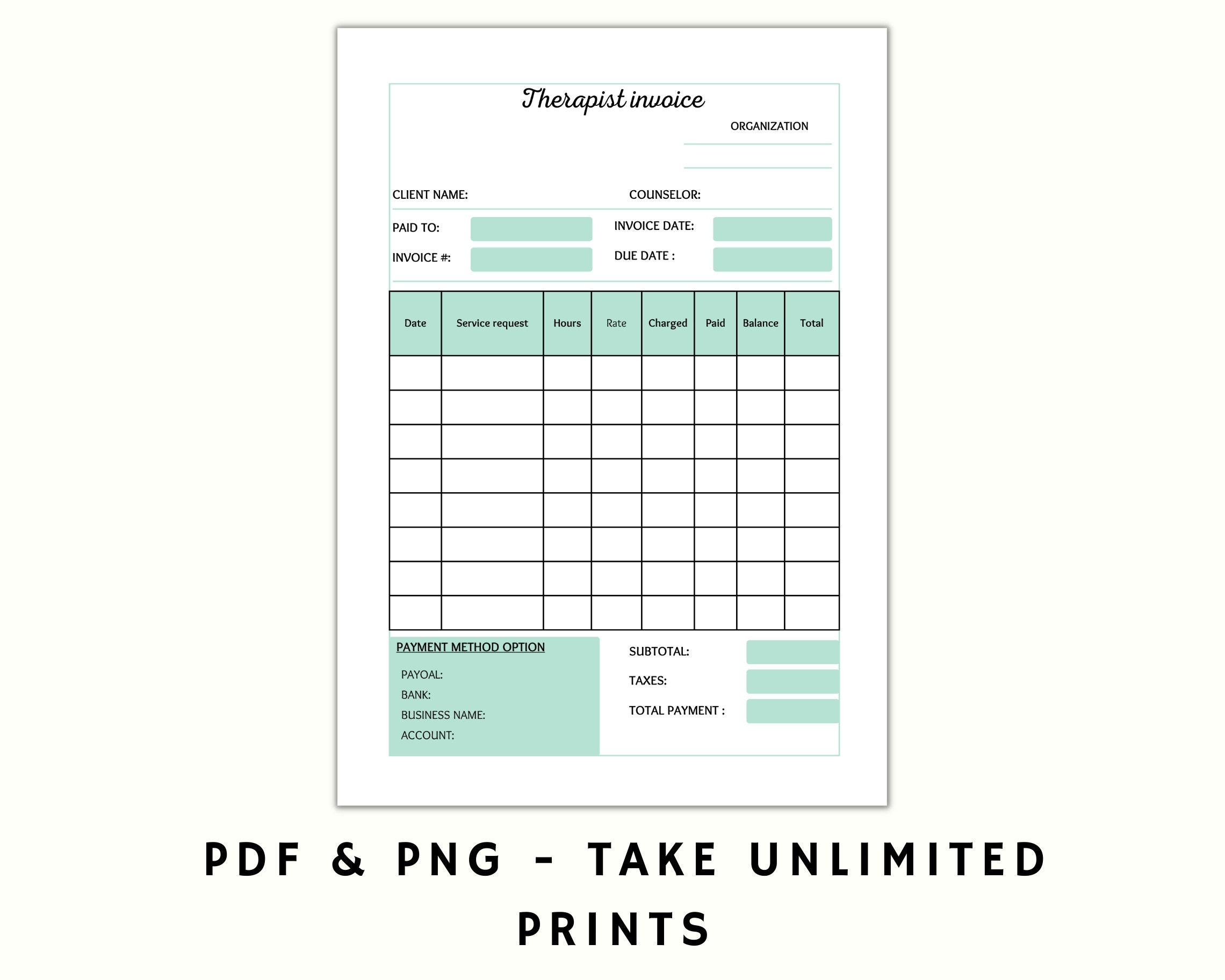 Therapist Invoice (green), Printable Therapy Invoice, Therapist ...