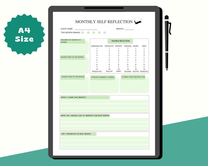 Wellness Monthly Self Reflection Form green Manifestation - Etsy