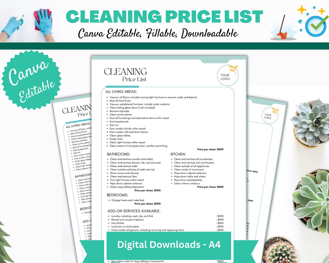 Cleaning Price List Editbale Template, Fillable Digital Price List ...