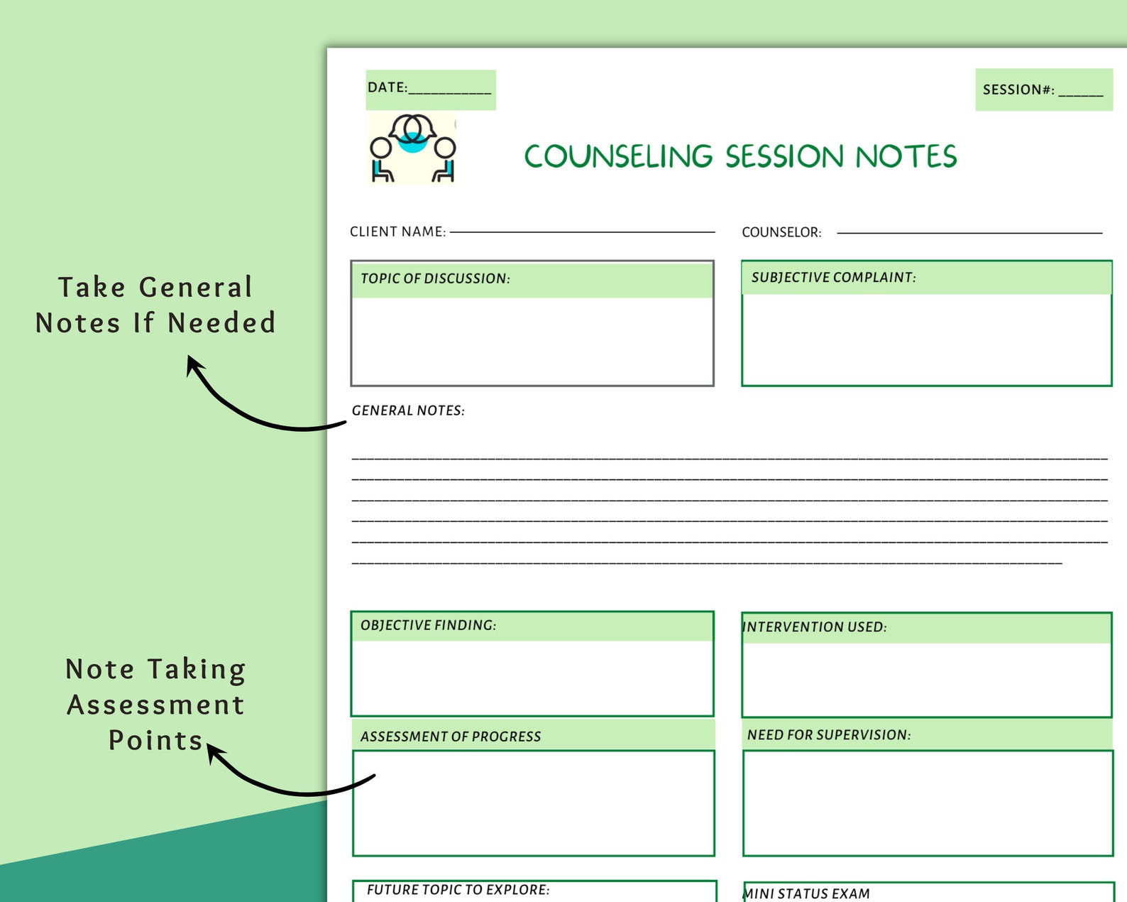 Counseling Session Notes Printable light Green, Client Progress Note ...