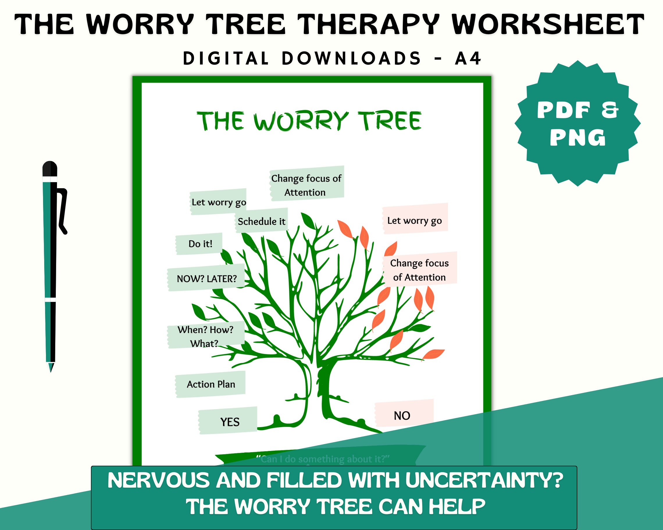Therapy Worksheet Worry Tree, Self Health Care, Therapy Planner, Stress ...