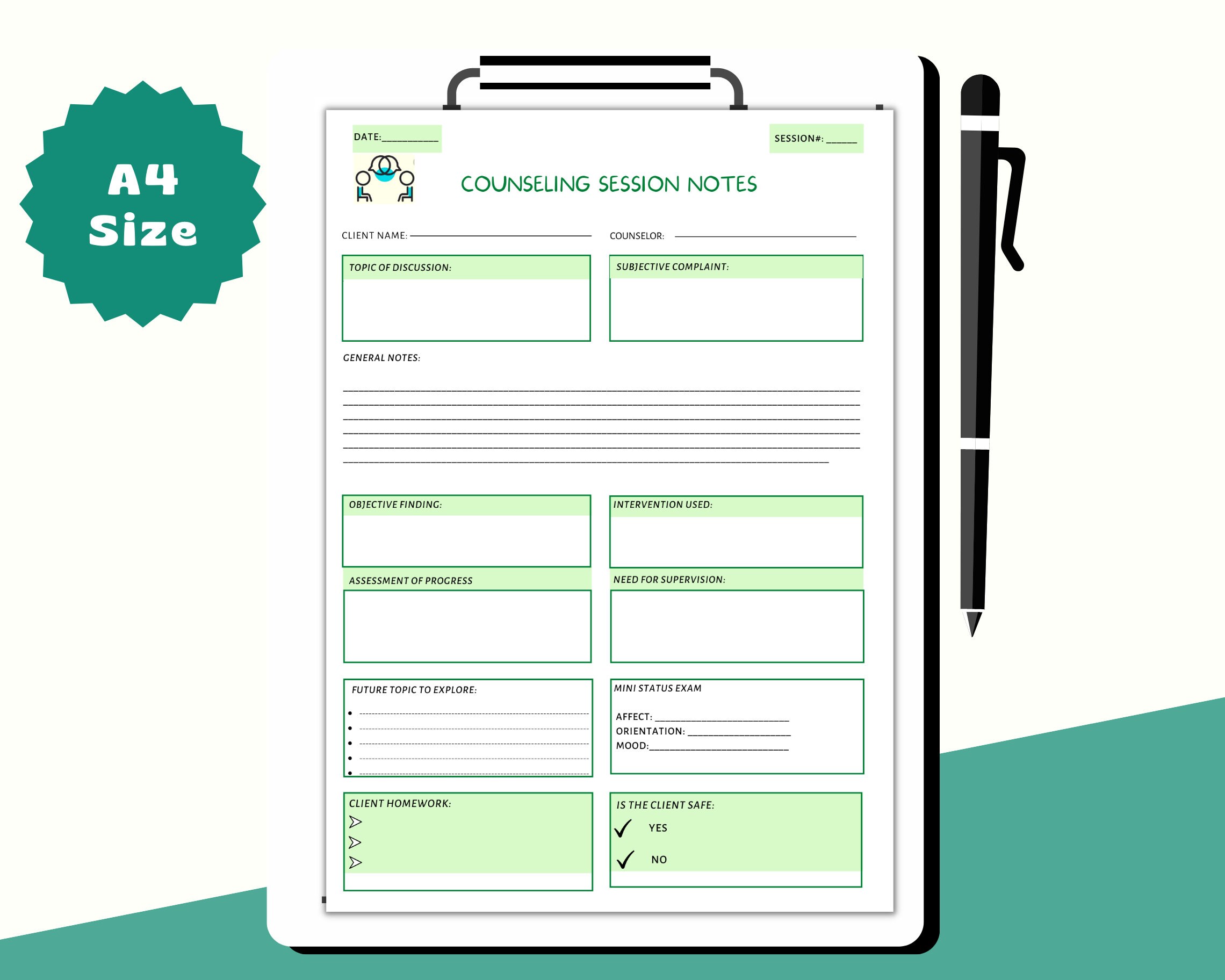 Counselling Session Notes Form green, Therapists Printable, Progress ...