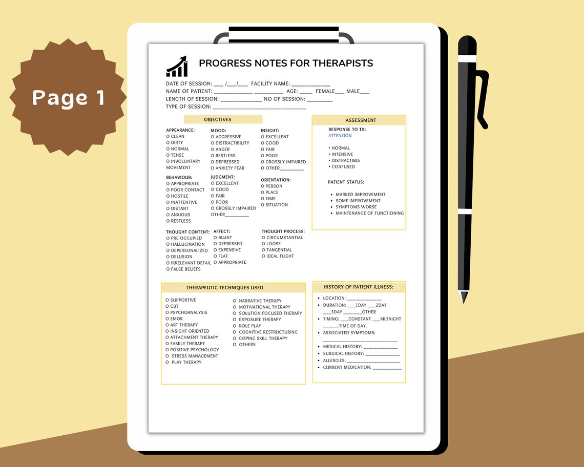 Progress Notes for Therapist yellow, Cheat Sheet Notes, Client Progress ...
