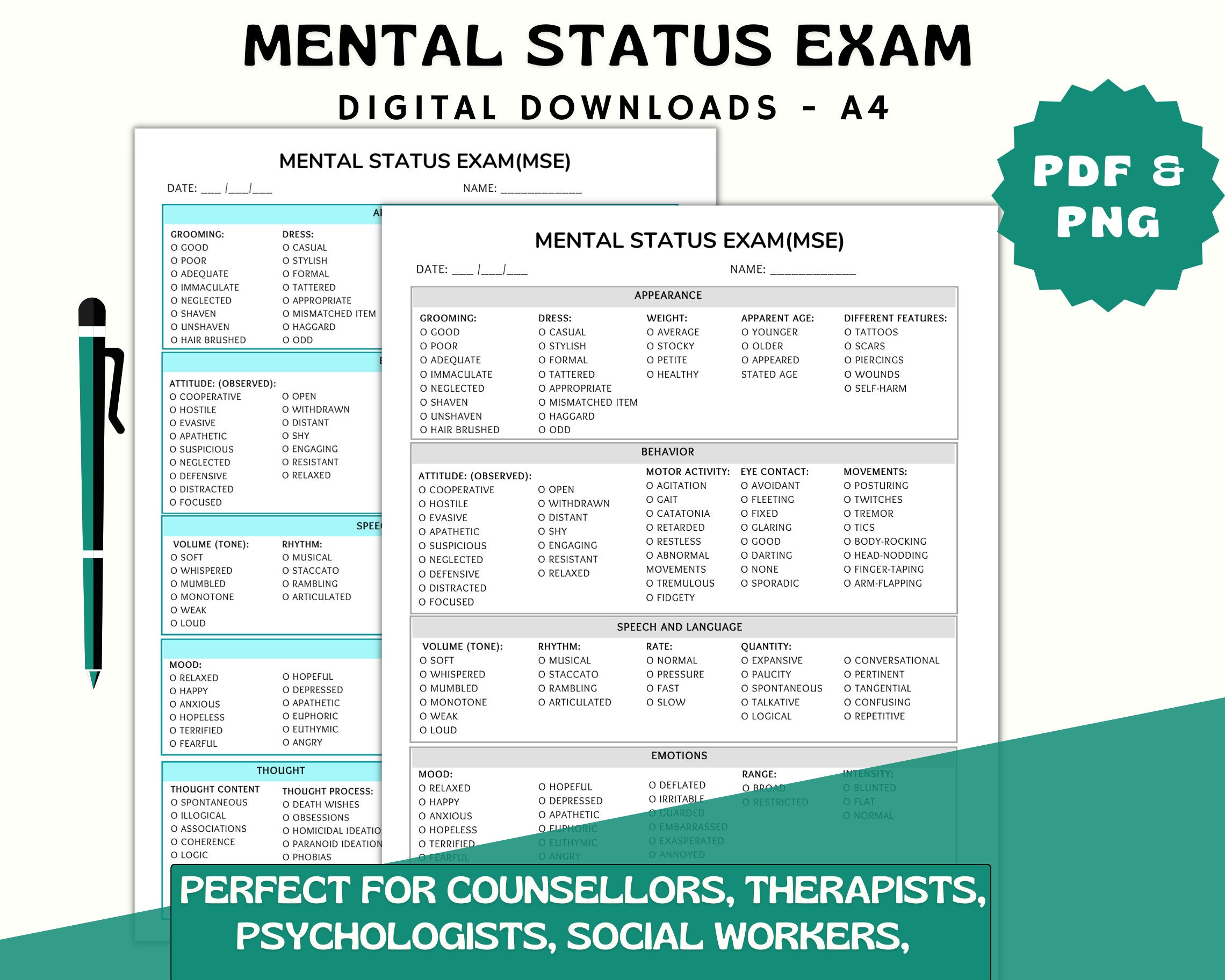 Mental Status Exam, MSE Reports Worksheet, MSE Observations for Patient ...