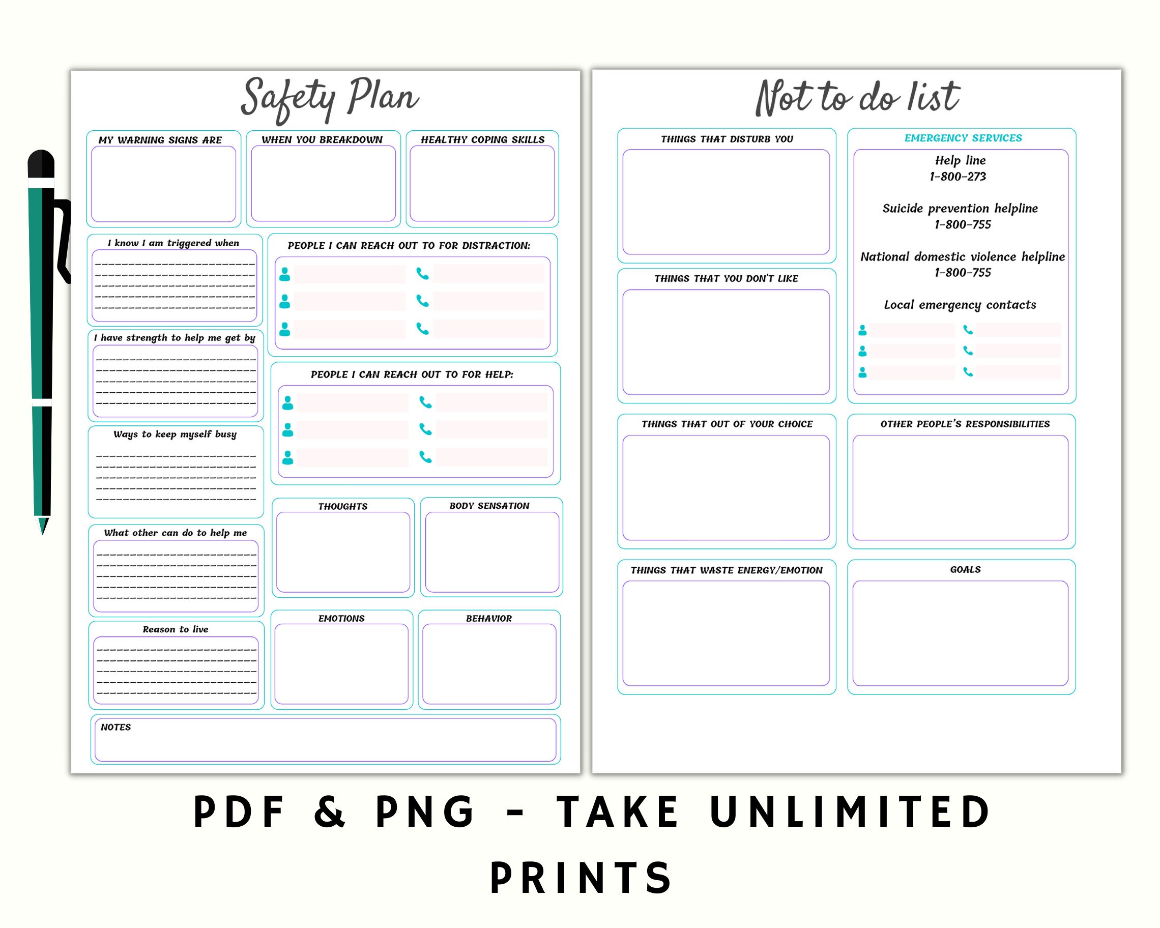 Safety Plan and Not to Do List, Not to Do Checklist, Instant Download ...