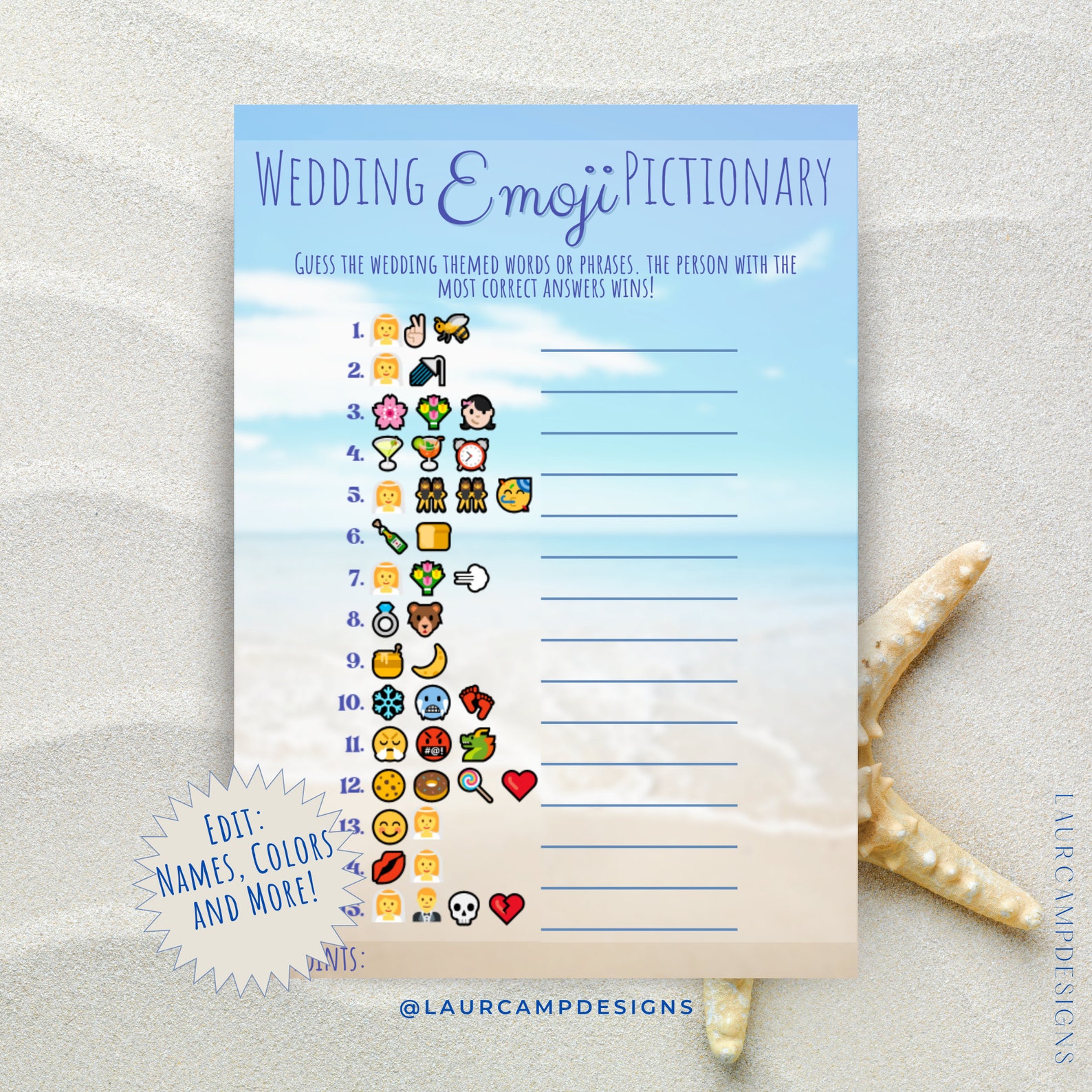 20 EDITABLE Beach Themed Bridal Shower Party Games- Easy to Use ...