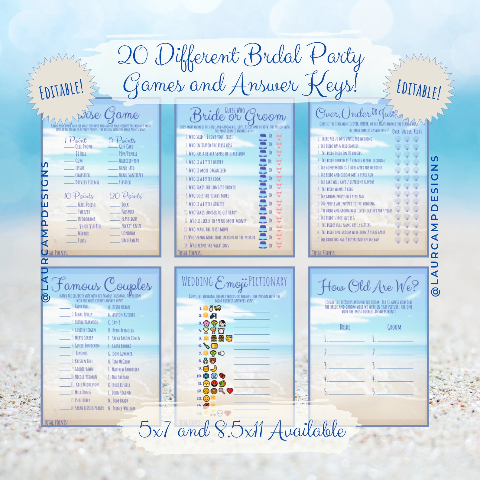 20 EDITABLE Beach Themed Bridal Shower Party Games- Easy to Use ...