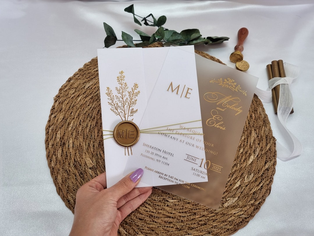 Elegant Acrylic Wedding Invitation: Gold Foil & Wax Seal - Etsy