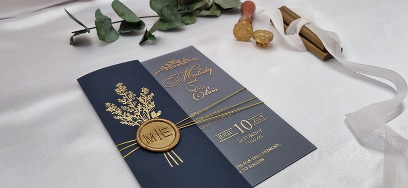 Dark Blue Acrylic Wedding Invitation Sets, Personalized Invites, Luxury ...