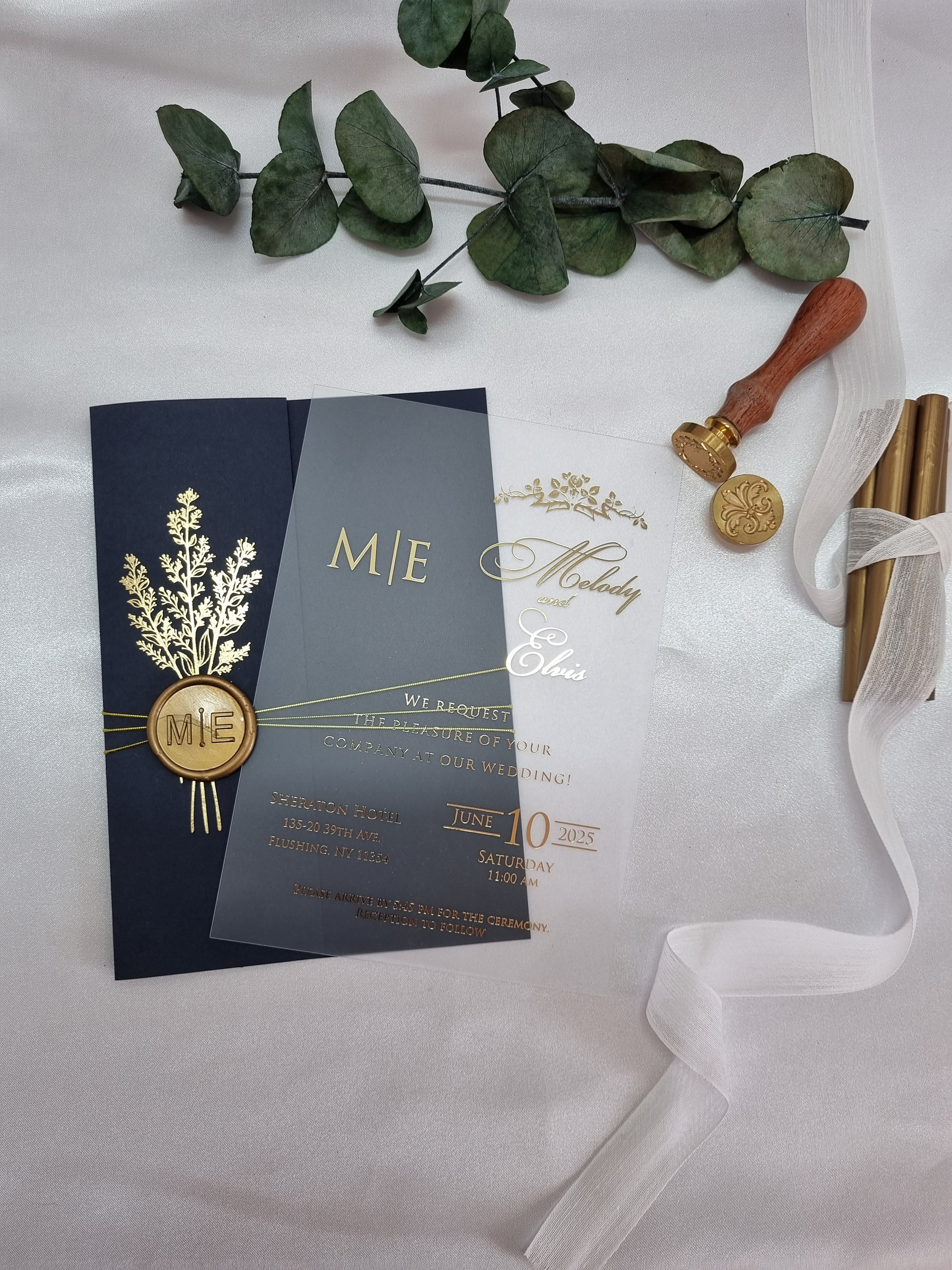 Dark Blue Acrylic Wedding Invitation Sets, Personalized Invites, Luxury ...