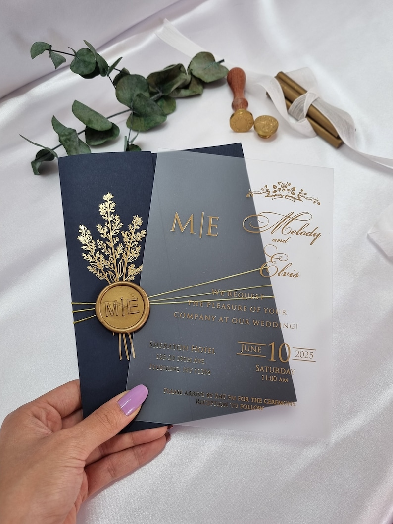 Dark Blue Acrylic Wedding Invitation Sets, Personalized Invites, Luxury ...