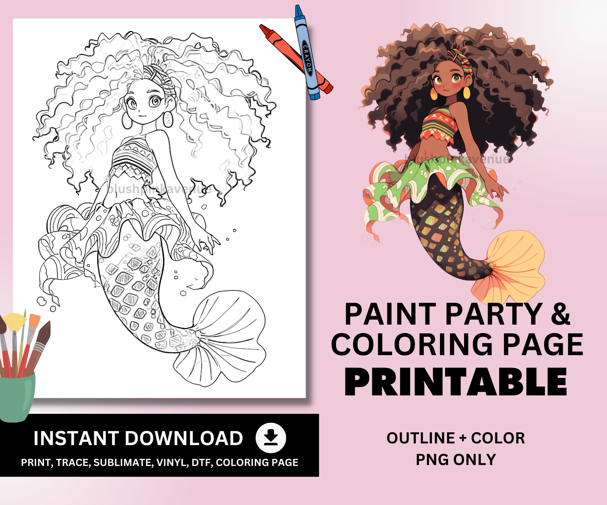 Page de coloriage de sirène contour PNG Sip Paint Party Clip - Etsy France