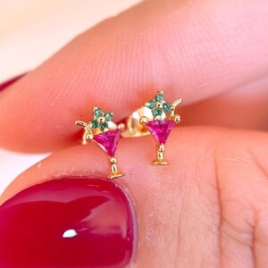 CZ Martini Glass Earrings 18K Gold Plated Sterling Silver Mini Pink ...