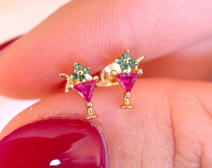 CZ Martini Glass Earrings 18K Gold Plated Sterling Silver Mini Pink ...